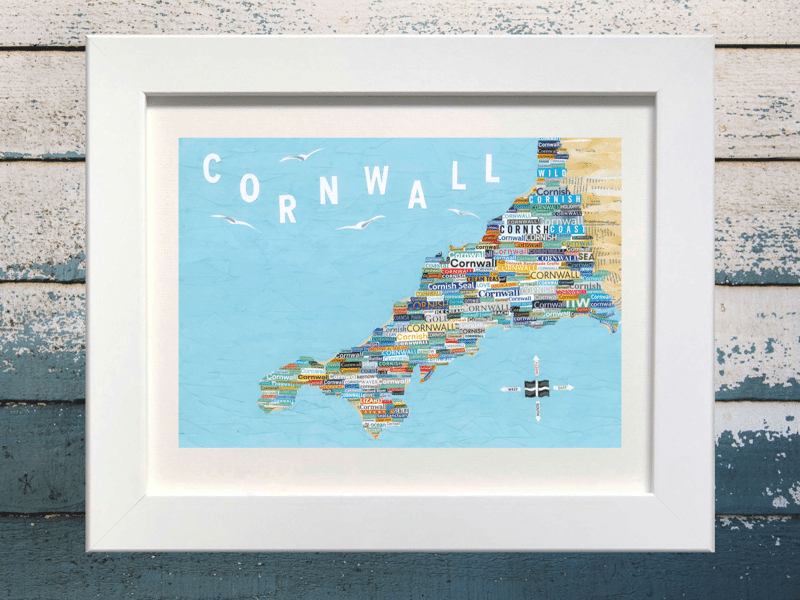Map of Cornwall, Paper Collage Art Print.