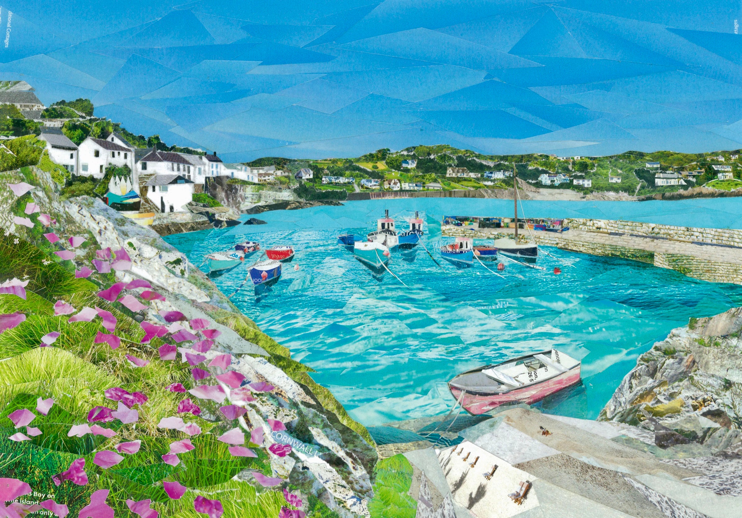 Coverack Harbour Print | Collage Art by Junk Mail Art | Cornwall Art